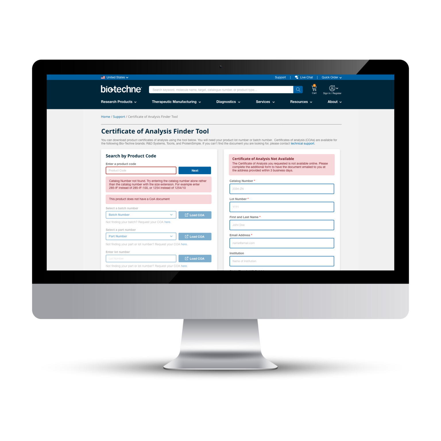 Bio-Techne COA Finder Tool - John Long Design